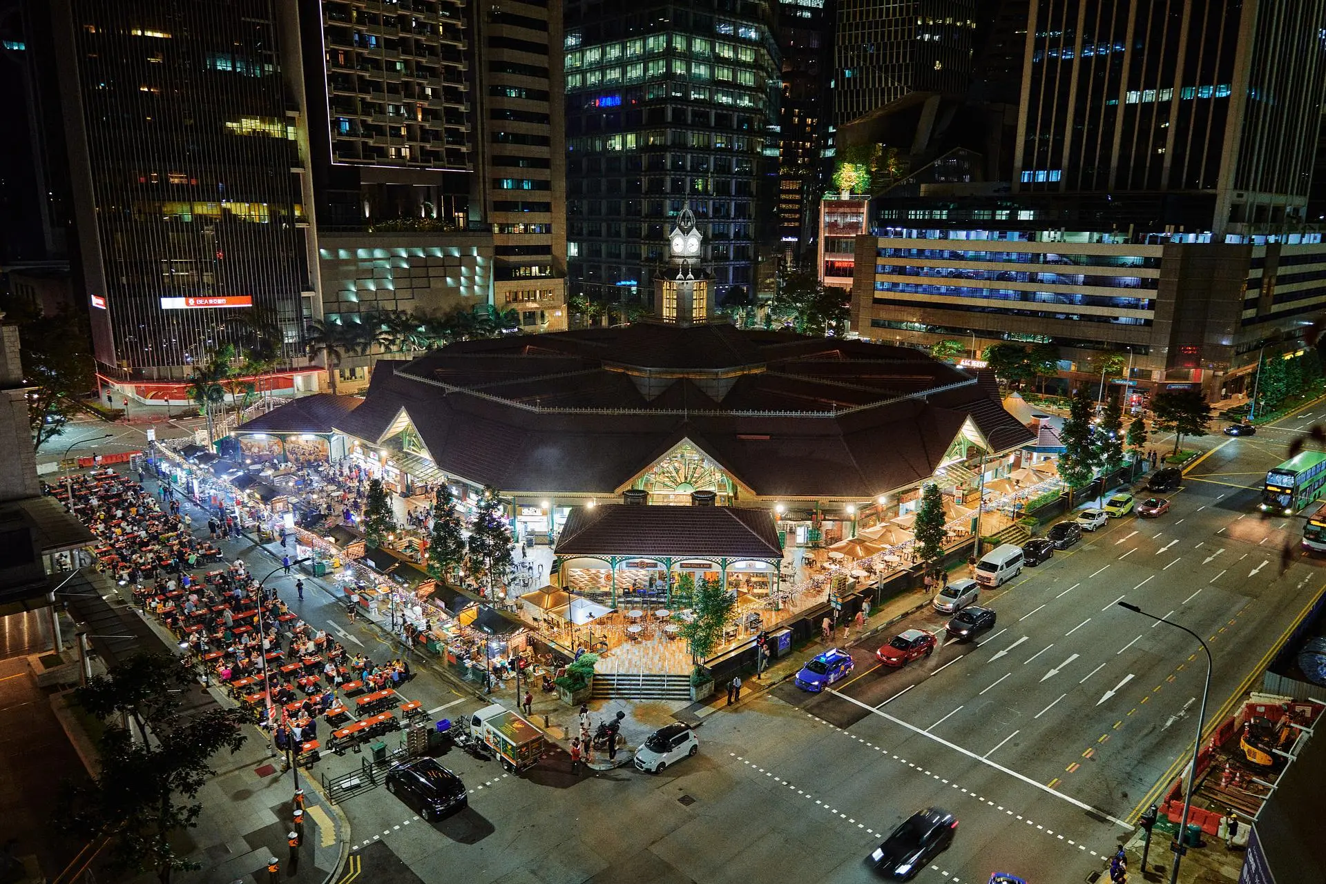 Urban Night Scene Illuminated Towers, Lau Pa Sat | Singapore Tourism ...